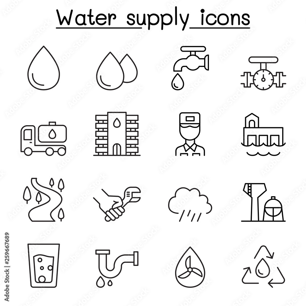Water supply system icon set in thin line style Stock Vector | Adobe Stock