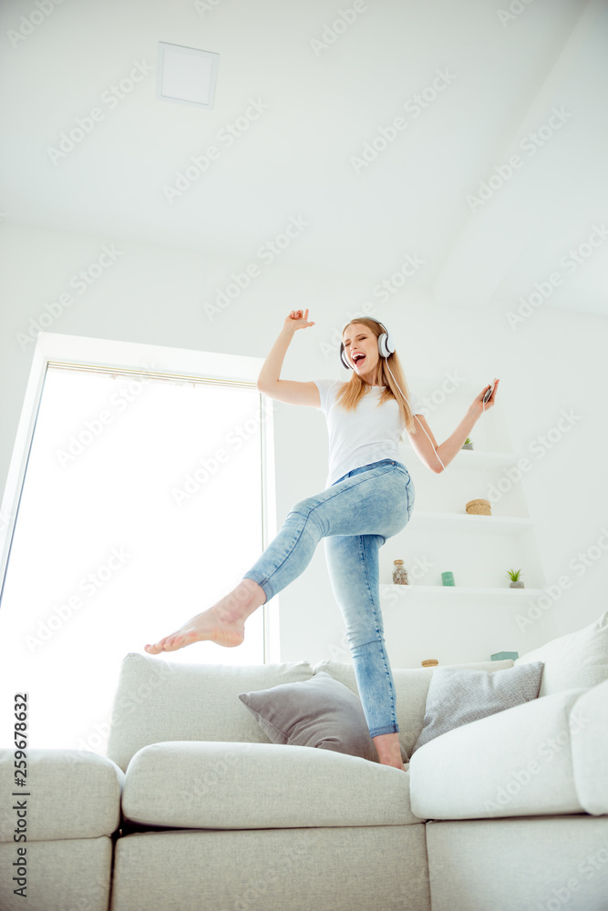 Full length body size low angle view photo crazy hipster youngster ...