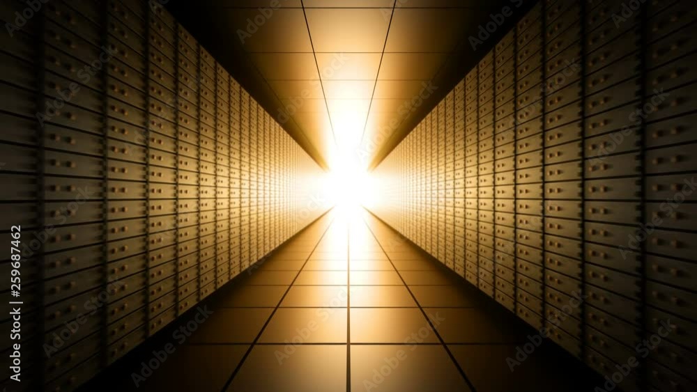 Camera moves through dark long bank vault room with safety deposit ...
