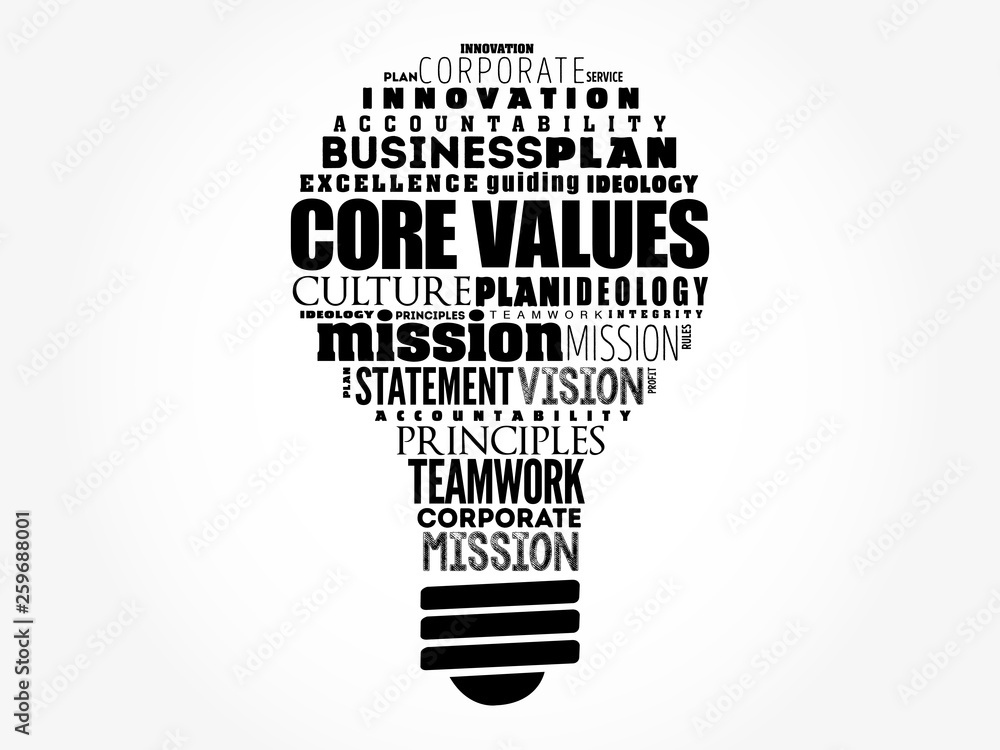 Core values light bulb word cloud collage, business concept background ...