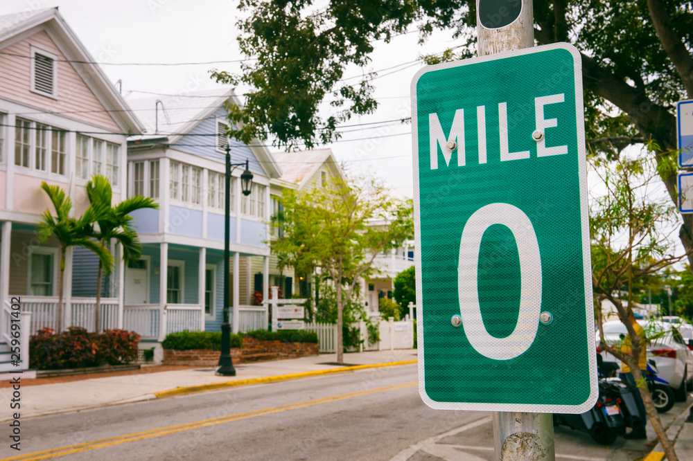 Mile Marker 0 (zero) sign marking the start of US Route 1, the highway ...