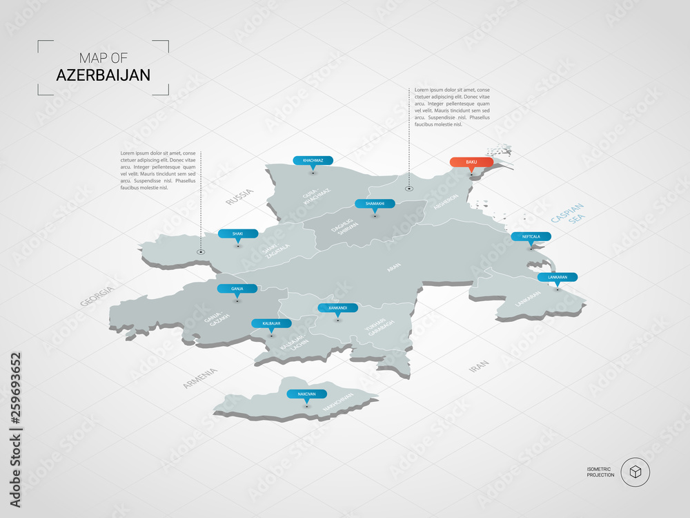 Isometric 3D Azerbaijan map. Stylized vector map illustration with ...