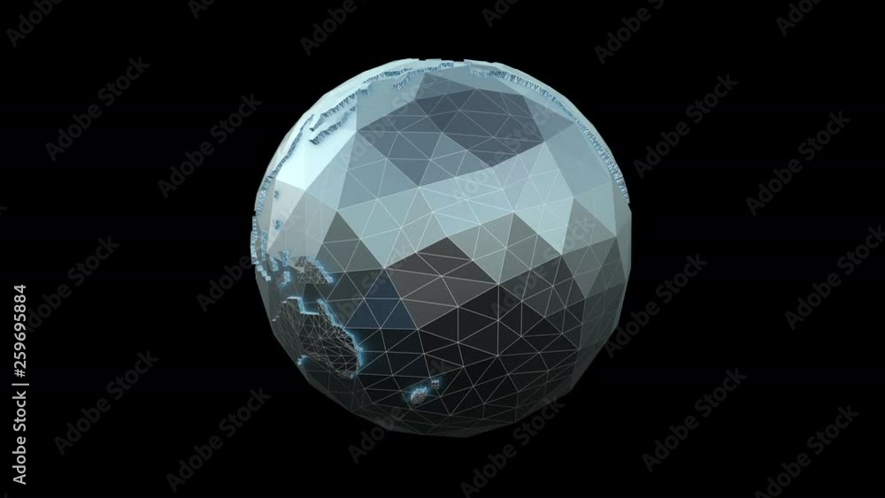 Seamless 4K animation of low poly rotating metal earth globe with black ...