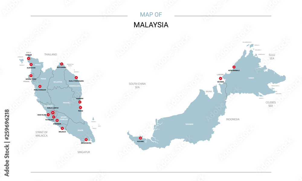Malaysia vector map. Editable template with regions, cities, red pins ...