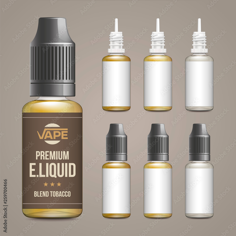 Realistic vector illustration of plastic bottles of e-liquid for vaping ...