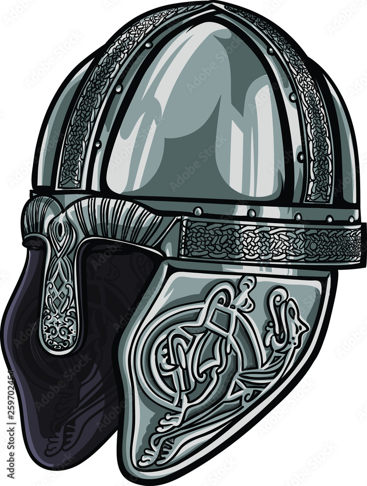 Embossed viking helmet vector with black outline and many details ...