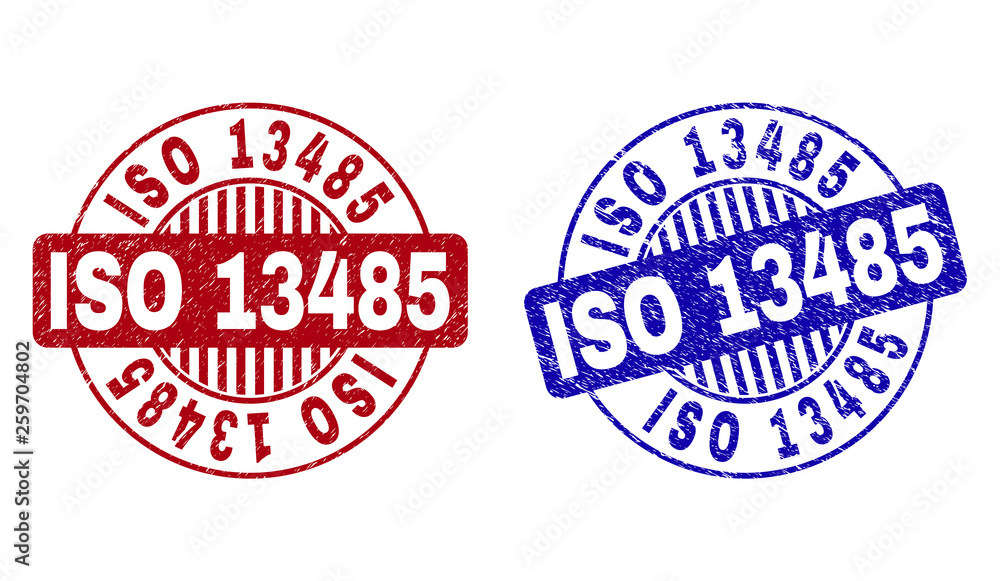 Grunge ISO 13485 round stamp seals isolated on a white background ...