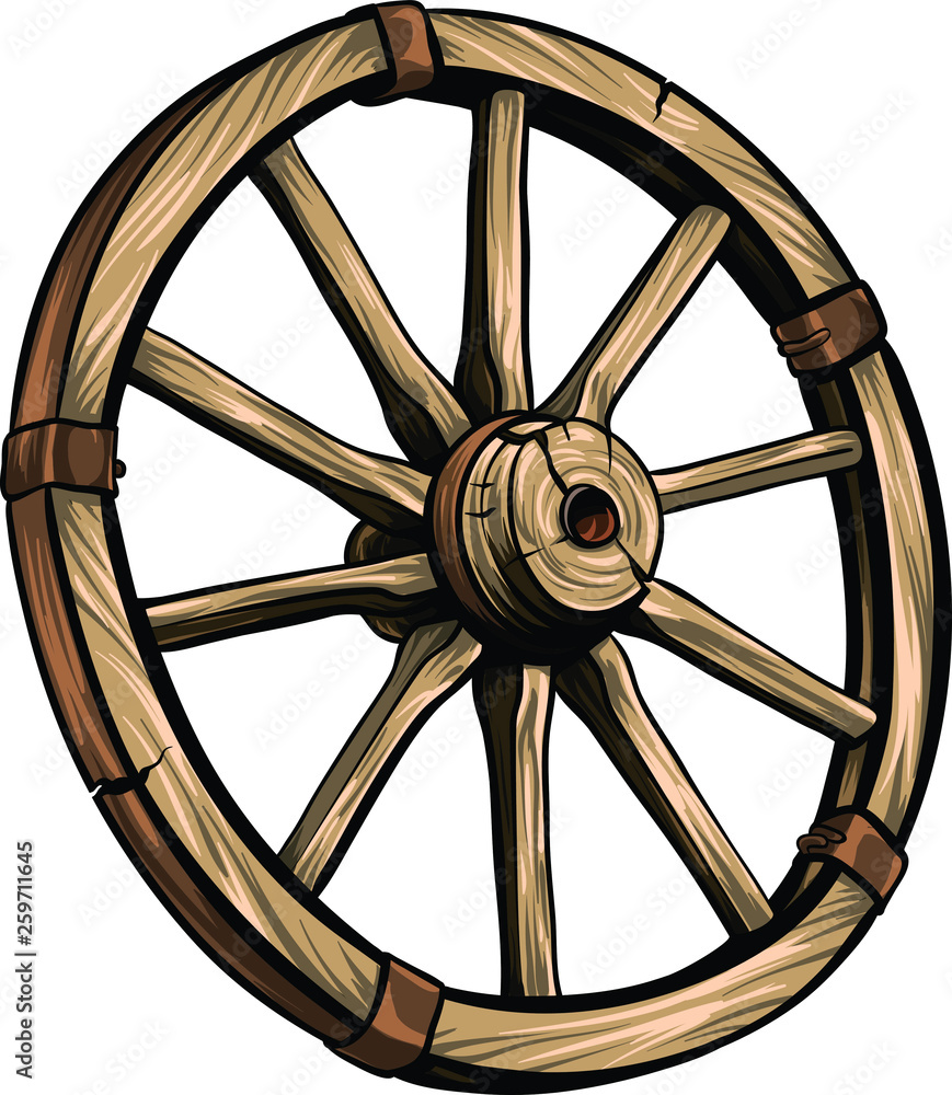Old wagon wooden wheel vector illustration. Cartoon romantic ...