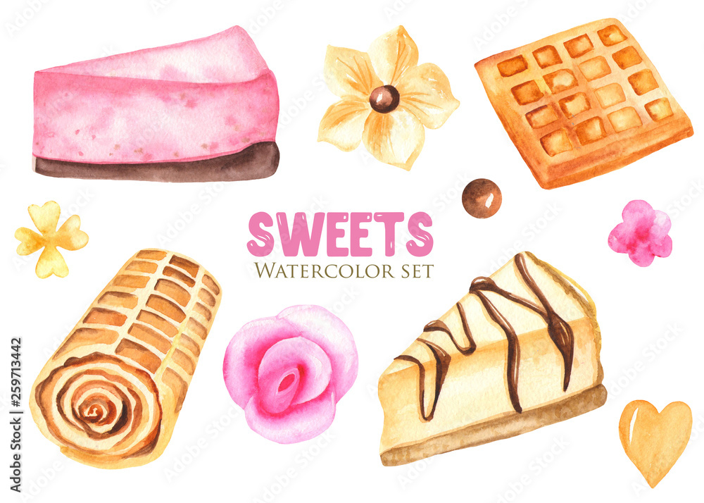 Watercolor set of sweets. Donuts, cheesecakes, cakes, sweets, muffins ...