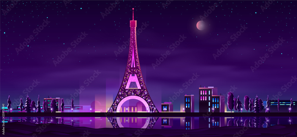 Paris quay night landscape cartoon vector in neon colors with ...