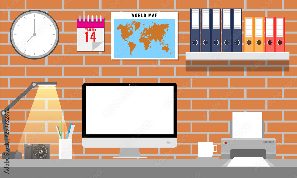 Office interior with office equipments. Office monitor, printer, folder ...