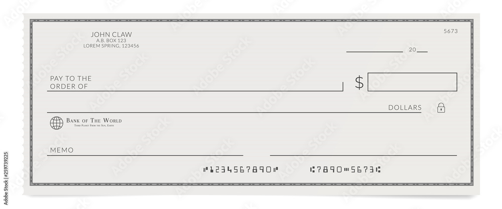 Torn off blank bank cheque. Personal desk check template with empty ...