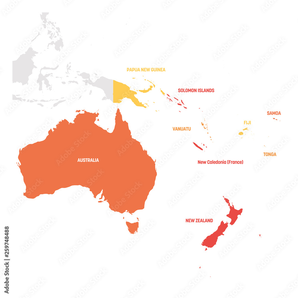 Australia and Oceania Region. Map of countries in South Pacific Ocean ...