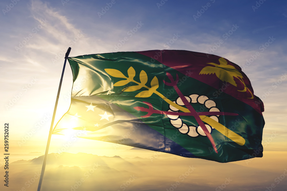 Chimbu Simbu province of Papua New Guinea flag waving sunrise mist fog ...