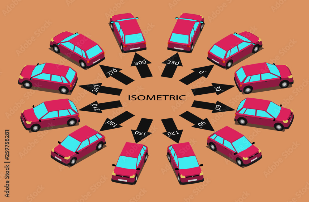 Twelve parked cars of different colors. Hatchbacks in isometrics in ...