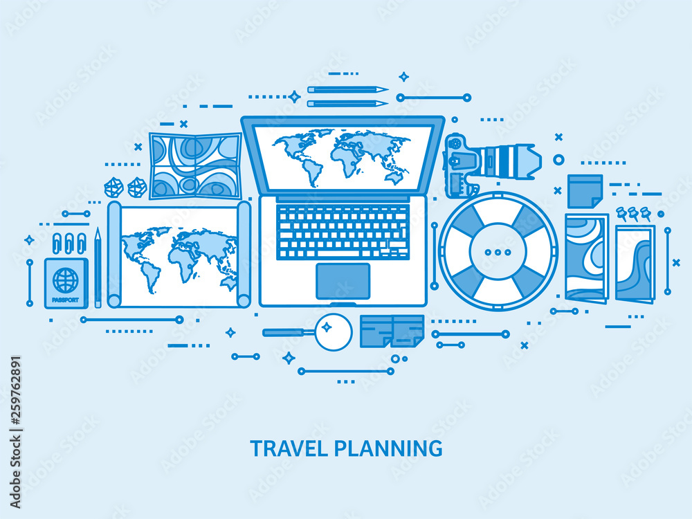 Travel and tourism. World map, earth globe. Trip tour journey, summer ...