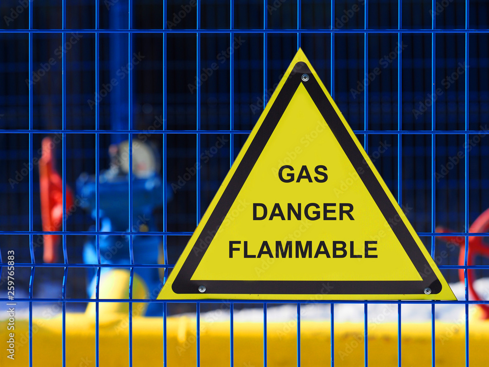 Warning sign dangerous flammable gas, gas equipment, storage area of ...