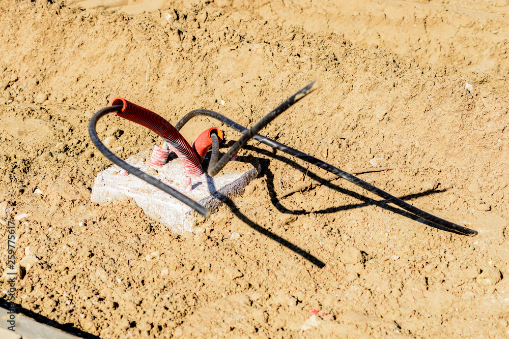 Installation of underground cable entry during construction Stock Photo ...