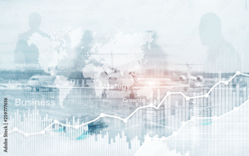 World wide map on abstract business background, coins and calculator ...