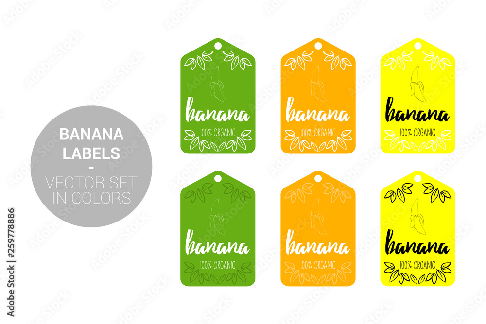 Banana fruit Eco labels vector set in green, yellow colors. Cartoon ...