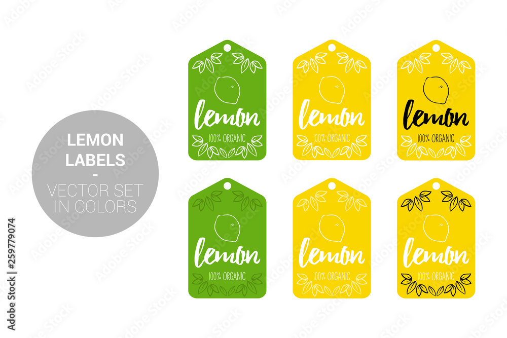 Lemon fruit Eco labels vector set in green, yellow colors. Cartoon ...