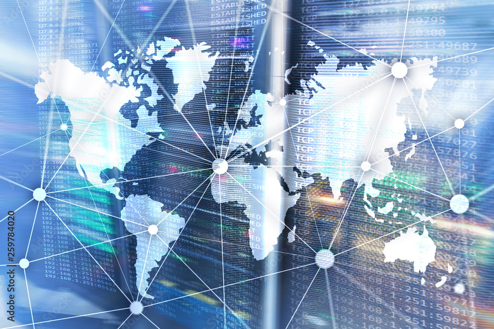 World map with communication network on server room background. Stock ...