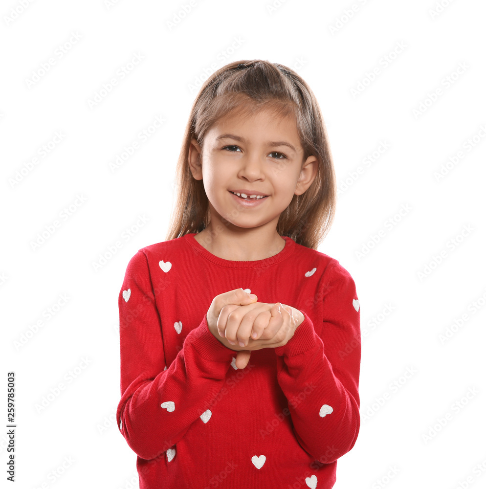 Little girl showing BELIEVE gesture in sign language on white ...