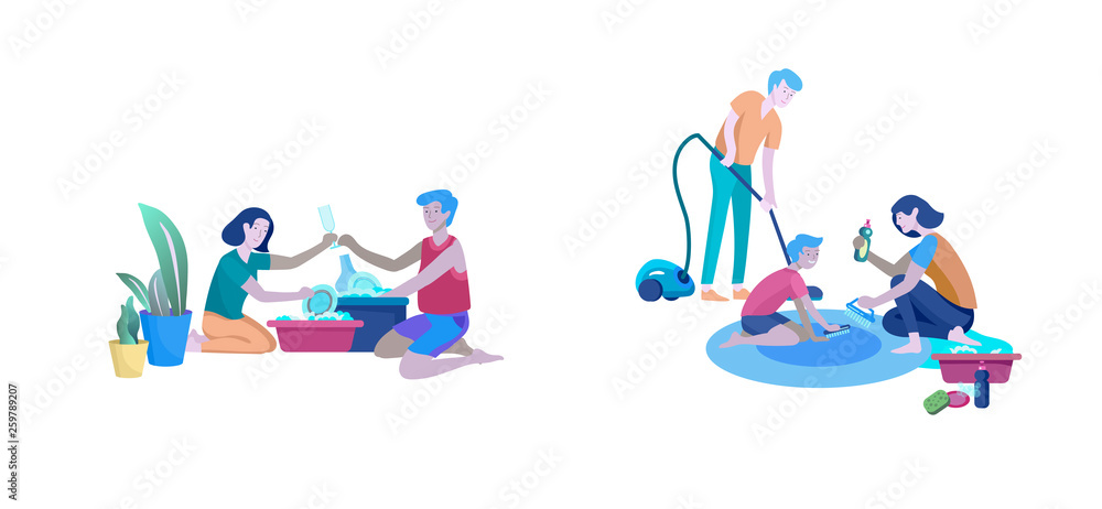 Scenes with family doing housework, couple man and woman home cleaning ...
