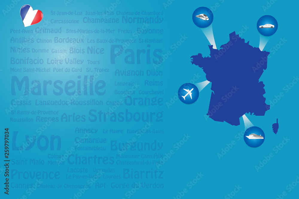 Travel France template vector showing the plane, car, train and ship ...