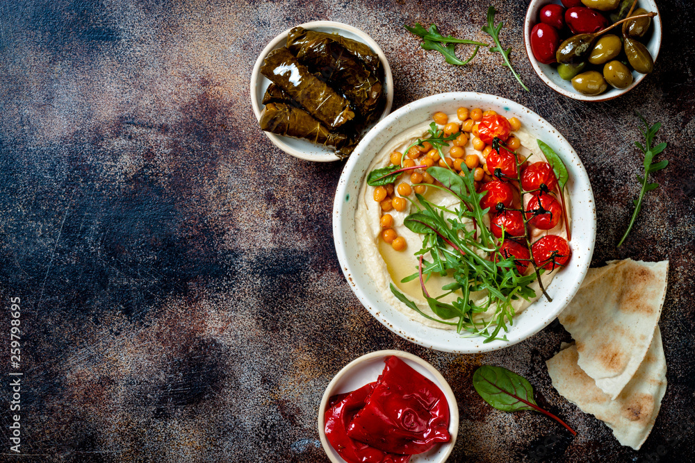 Arabic traditional cuisine. Middle Eastern meze with pita, olives ...