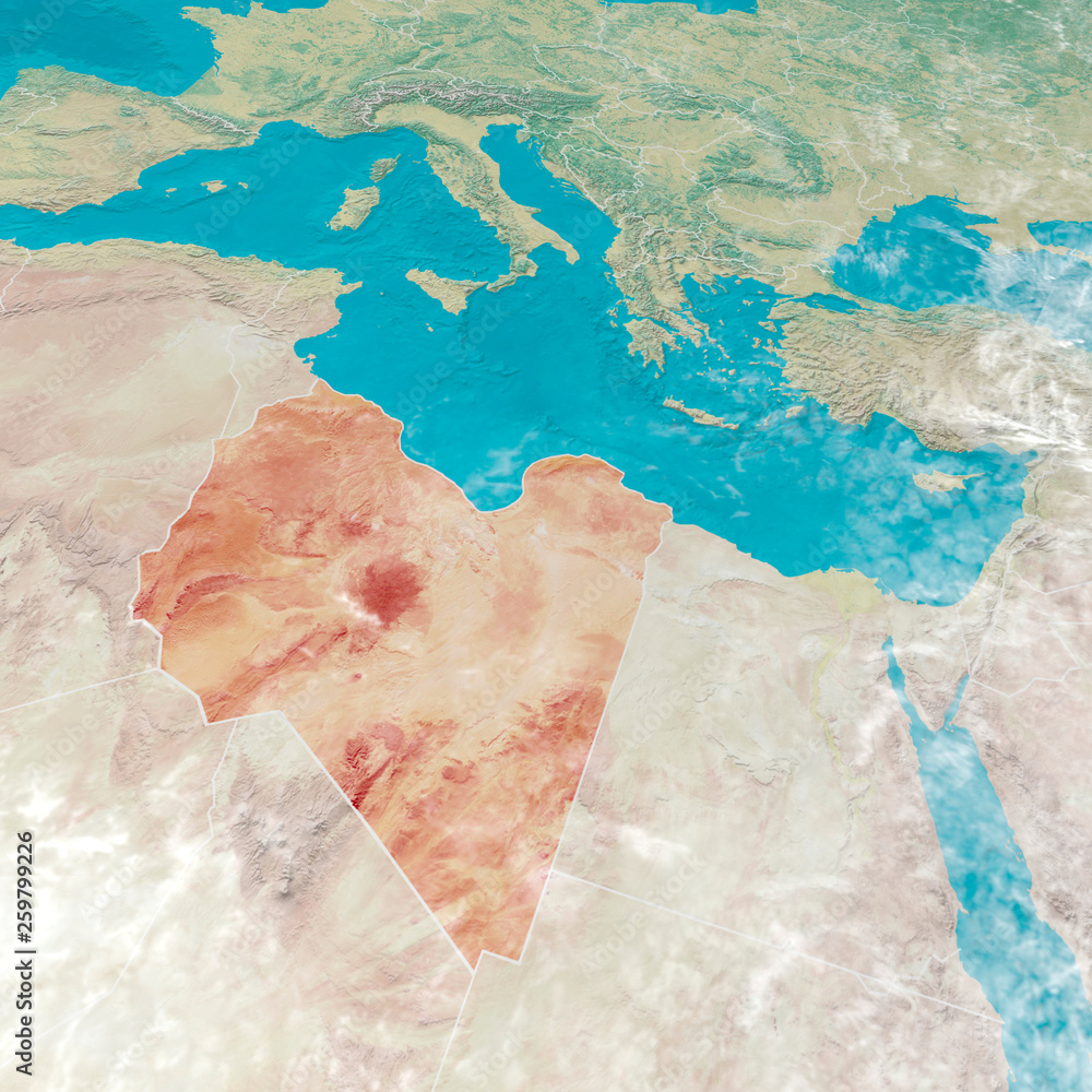Physical map with reliefs of Libya, Libyan state in evidence. 3d map of ...