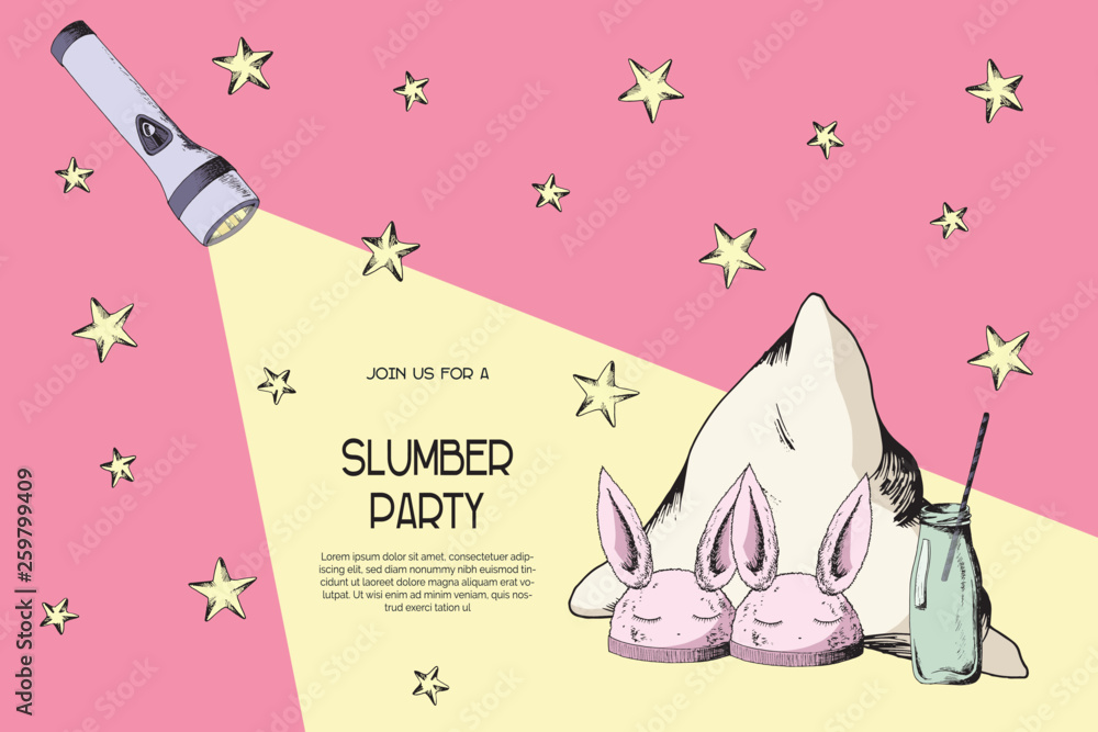 Bright pink night pajama sleepover party invitation, card, poster ...