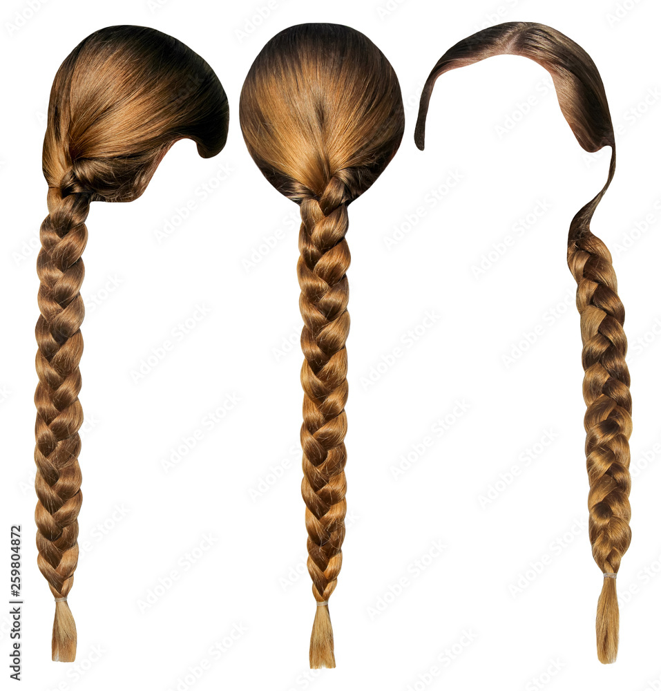 Female hair with a plait isolated set. Head with hair from different ...