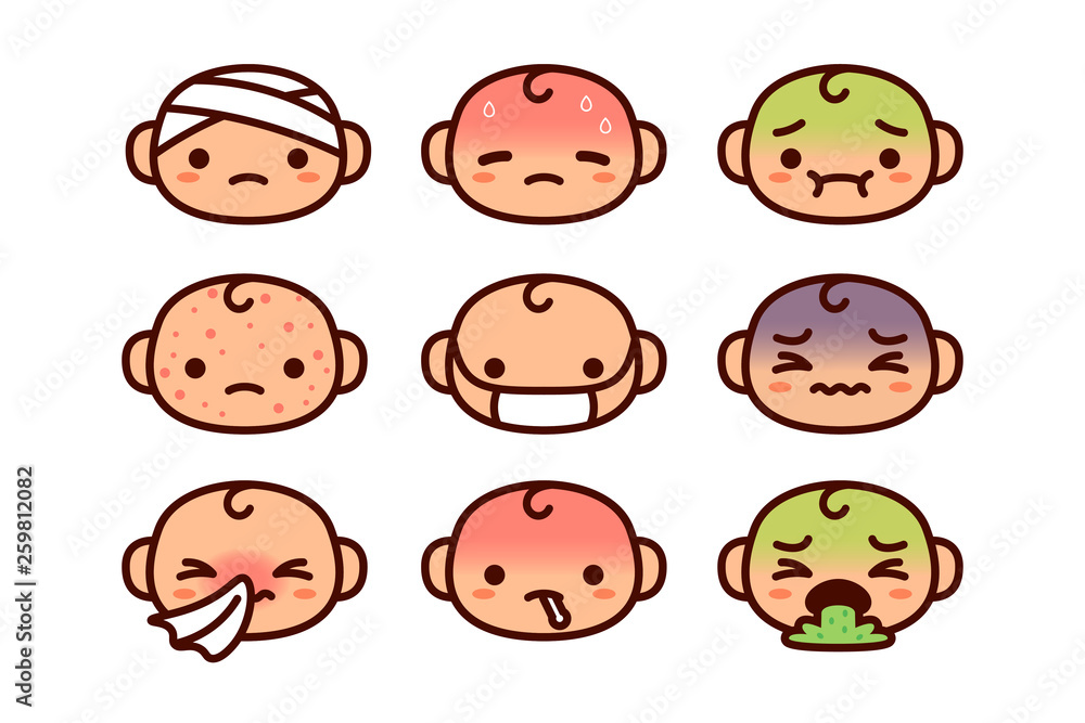 Set Of Cartoon Sick Characters Isolated On White Background Stock ...