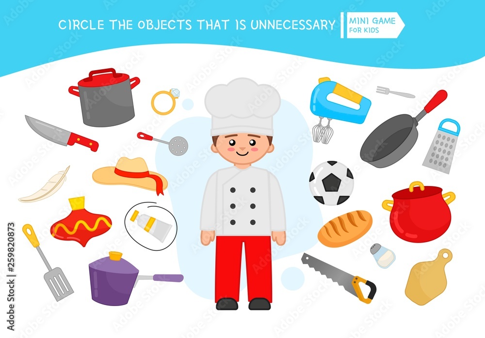 Educational game for children. Cartoon cook. Circle the objects that is ...