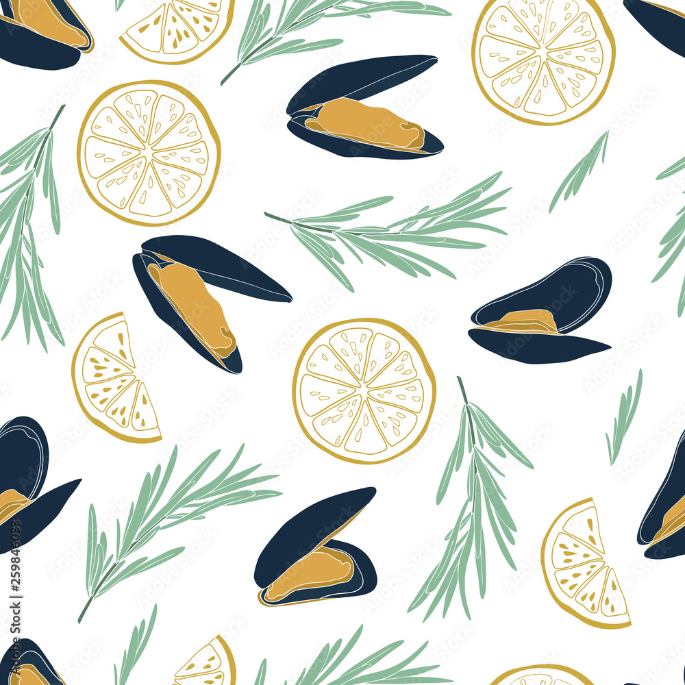 Mussel vector seamless pattern in flat style isolated on white ...