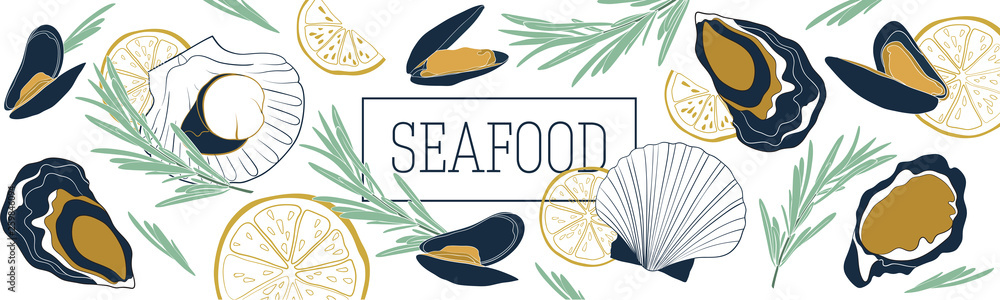 Shellfish and seafood restaurant or fishery product market banners ...