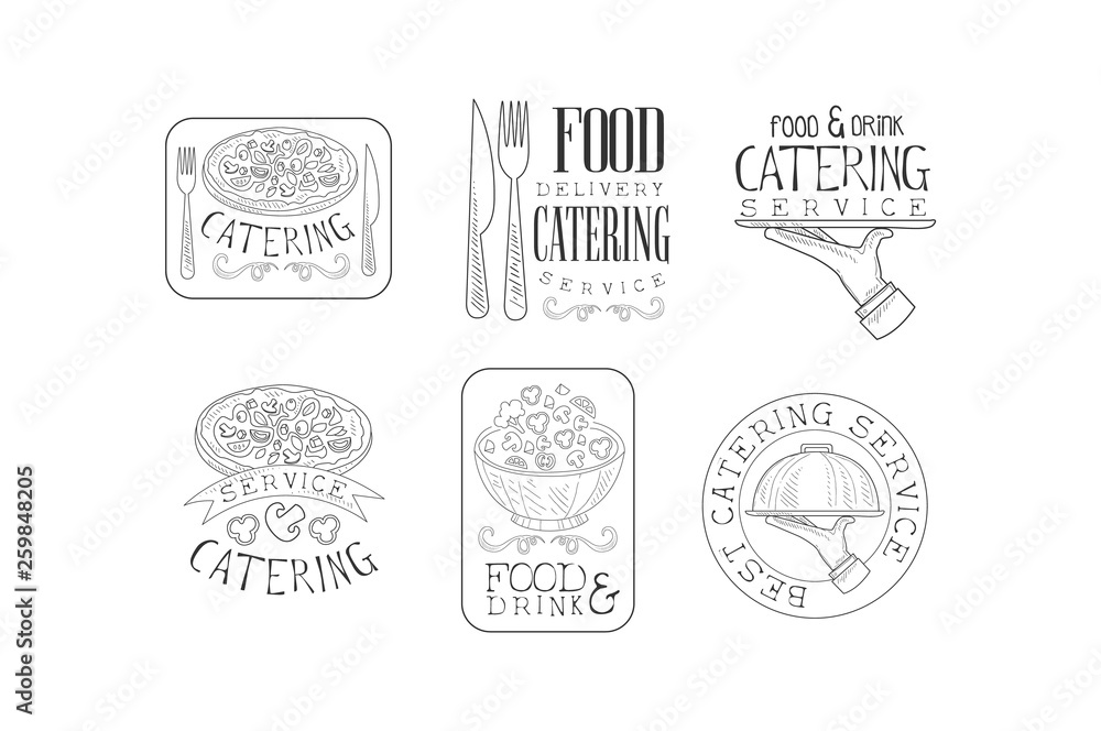 Vector set of sketch emblems for catering or food delivery services ...