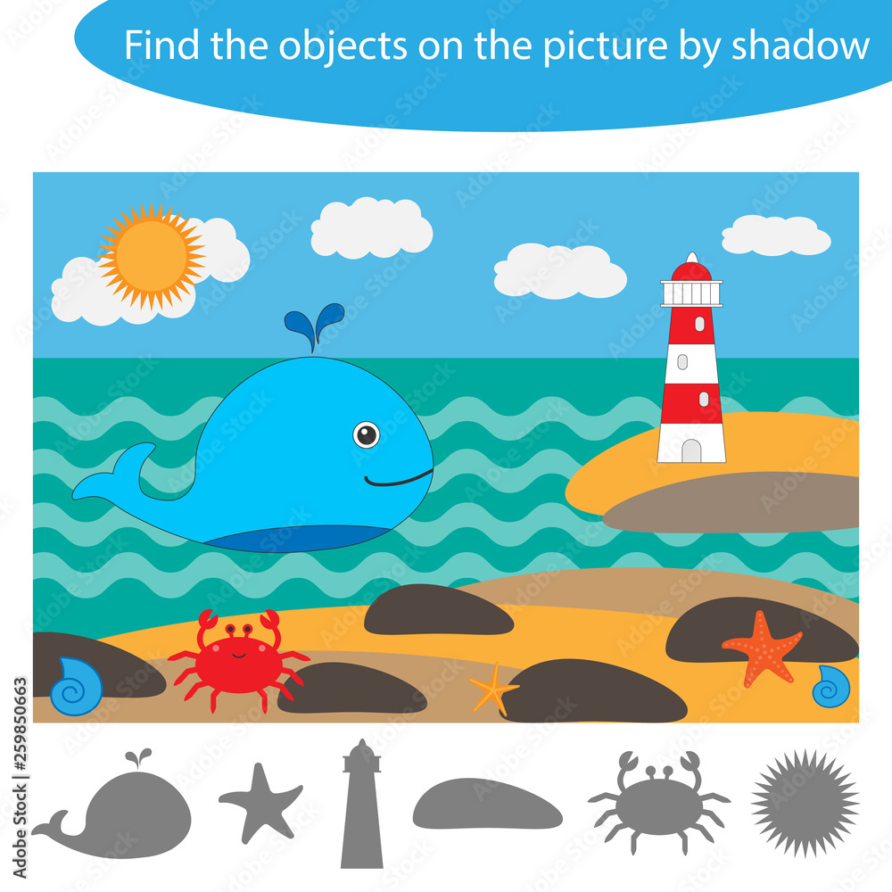 Find the objects by shadow, marine game for children in cartoon style ...