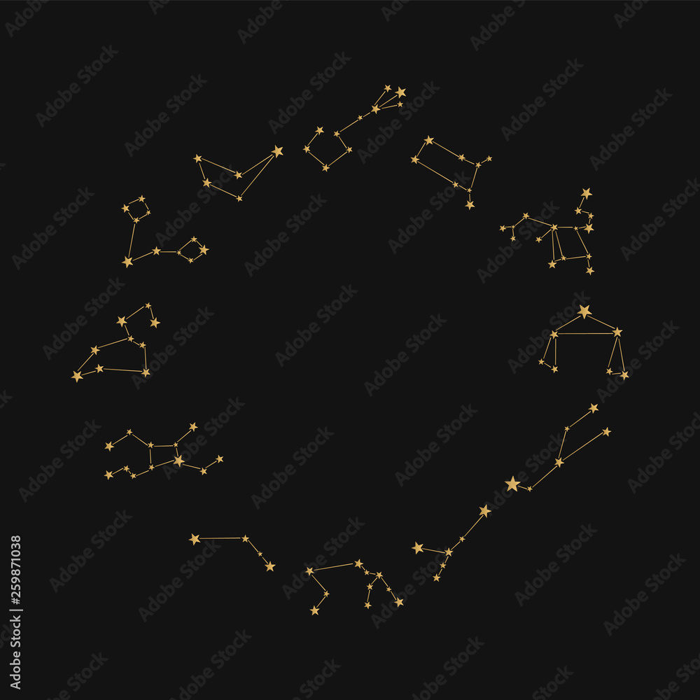 Gold vector frame with stars constellation. Hand drawn circle borders ...