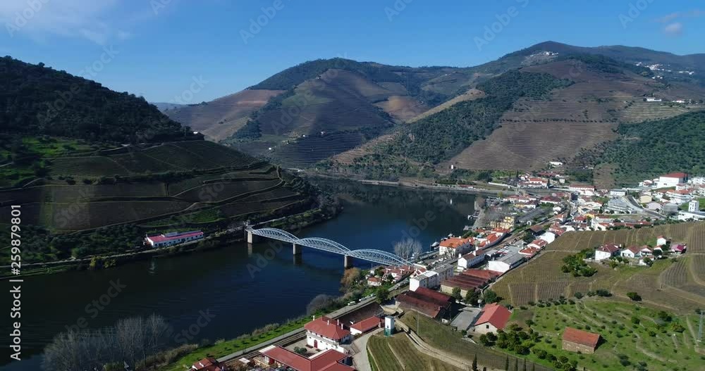 Aerial view of the Pinhao village with terraced vineyards and the Douro ...