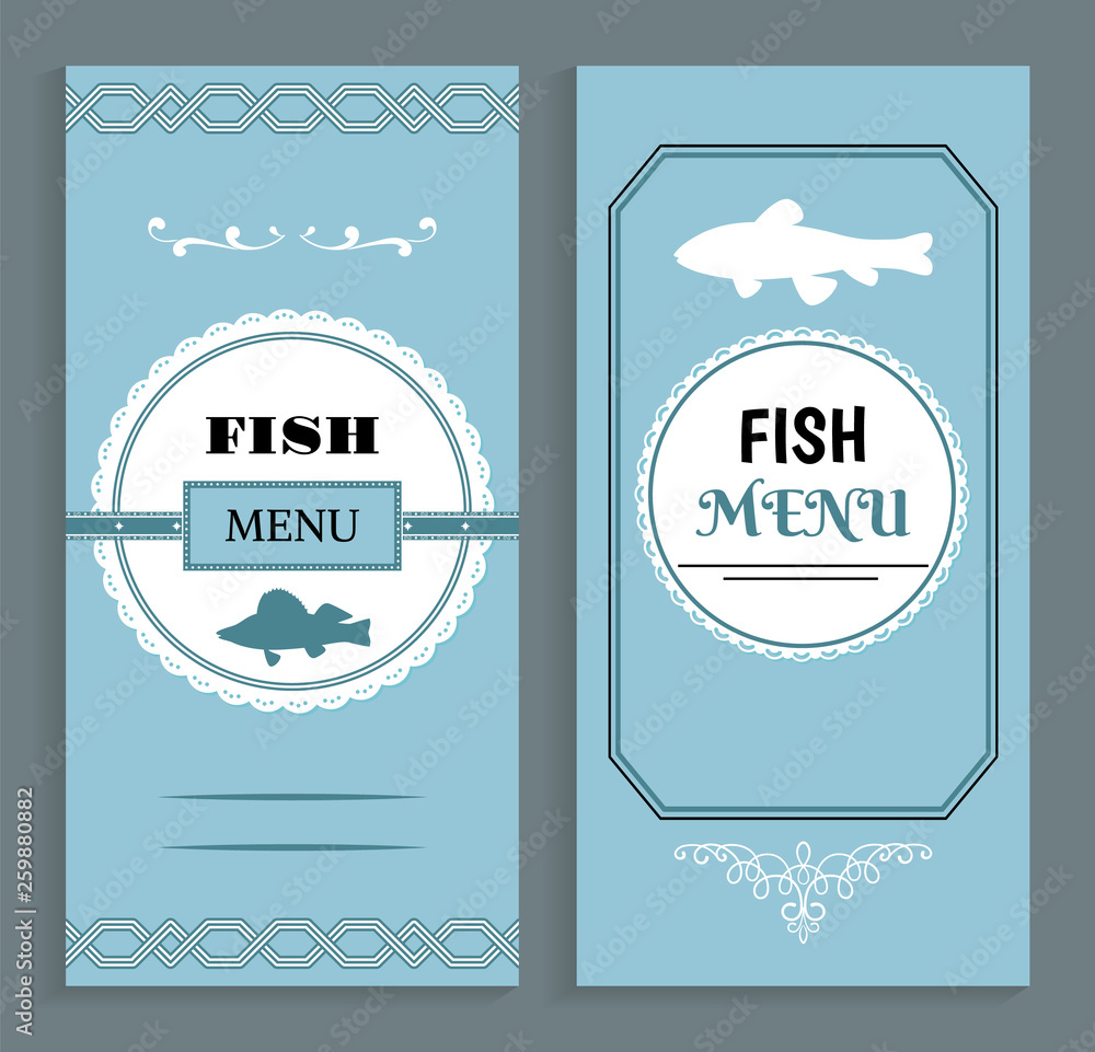 Fish menu template, vector seafood dishes list with marine animal ...