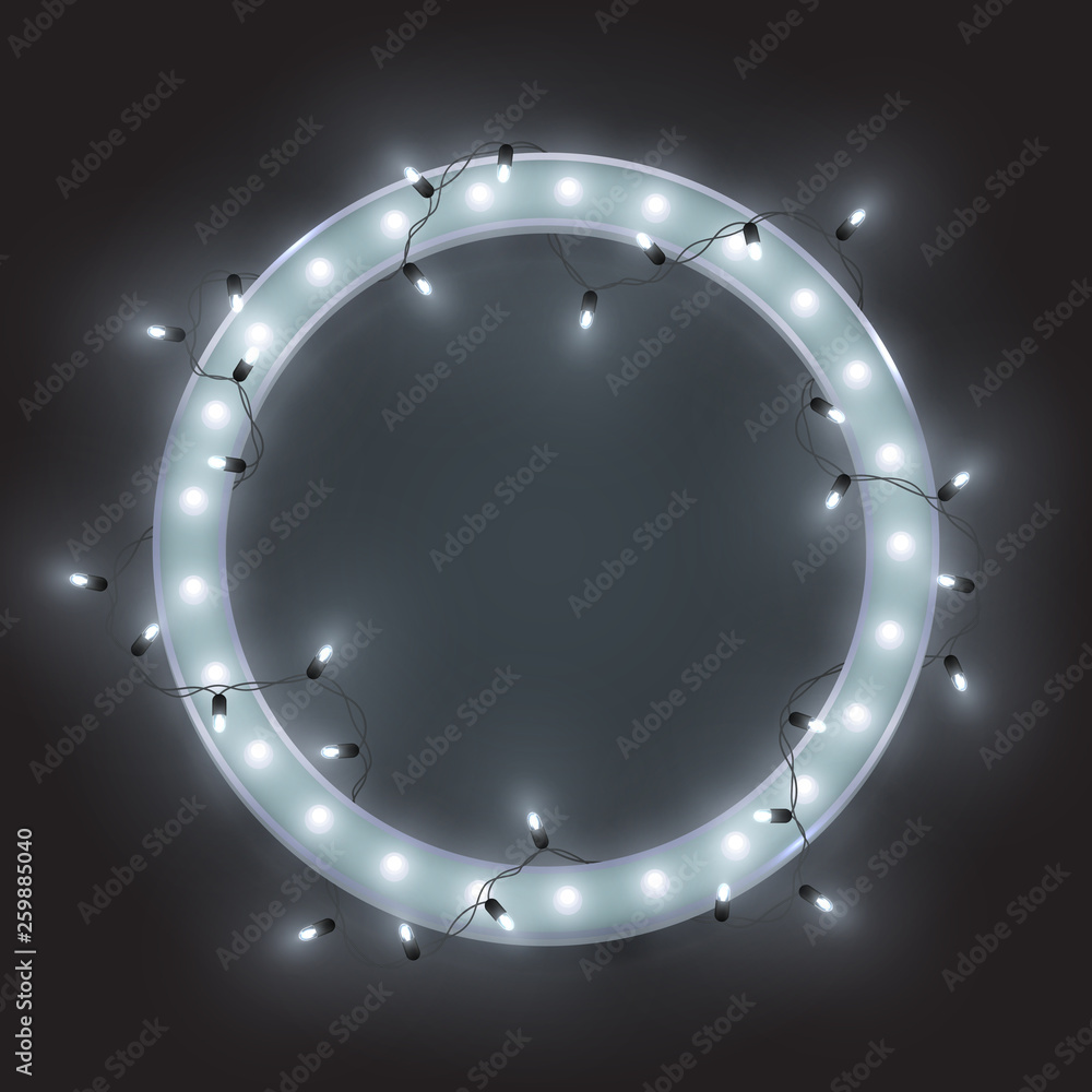 Silver retro neon circle frame, led shiny lights garland, vector ...