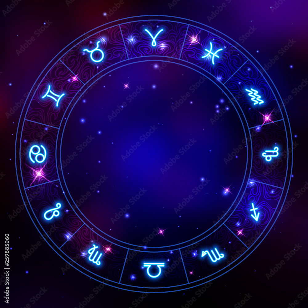 Zodiac circle frame, star constellations, horoscope symbols, vector ...