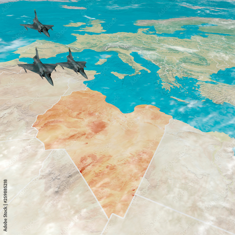 Fighter jets flying over Libya, 3d map of North Africa and Europe. War ...