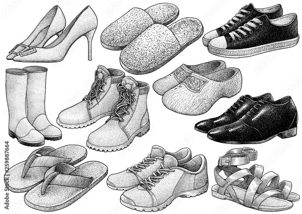 Shoes collection illustration, drawing, engraving, ink, line art ...