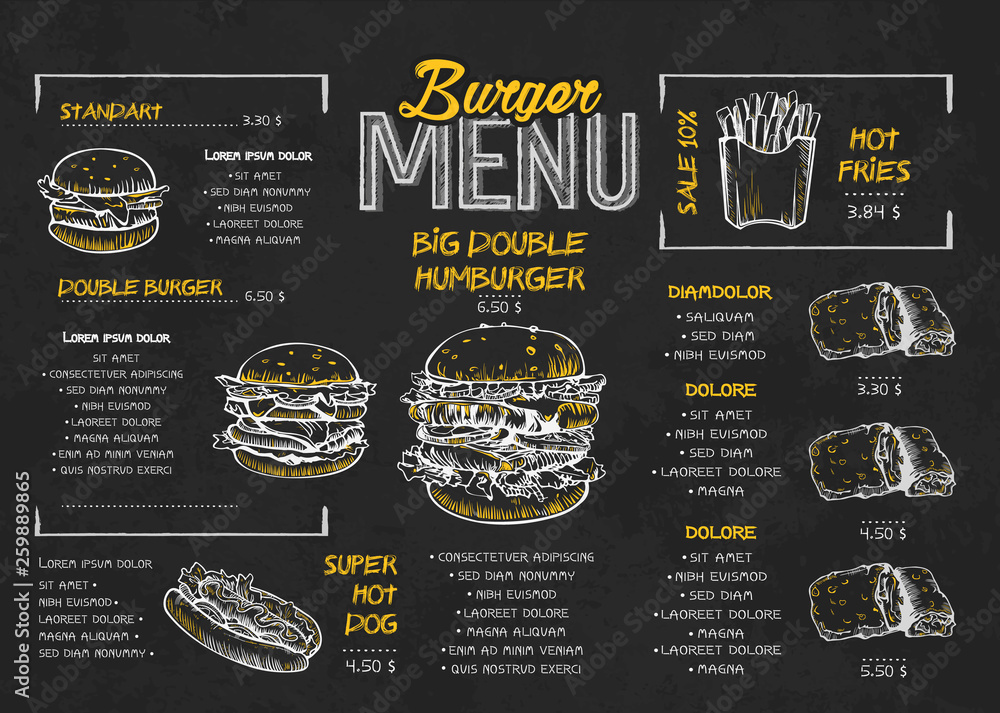 Burger menu poster design on the chalkboard elements. Fast food menu ...