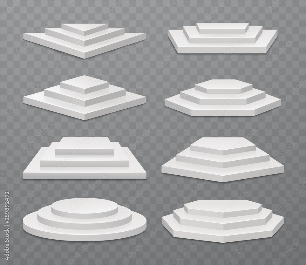Winner white Podiums or exhibition pedestals, three-stepped scenes. Set ...