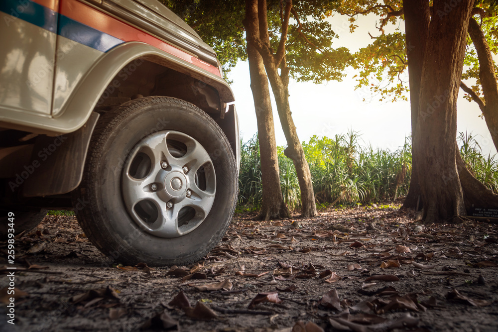 4x4 car concept with big offroad wheel Stock Photo | Adobe Stock