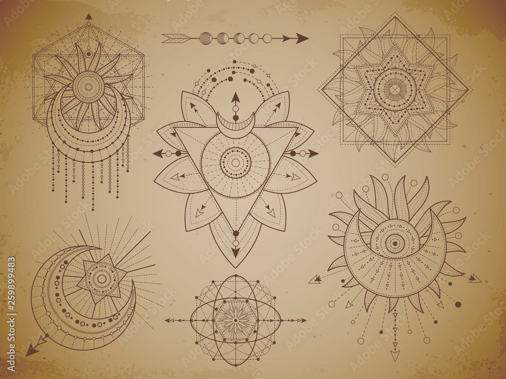 Vector set of Sacred geometric symbols and figures on old paper grunge ...